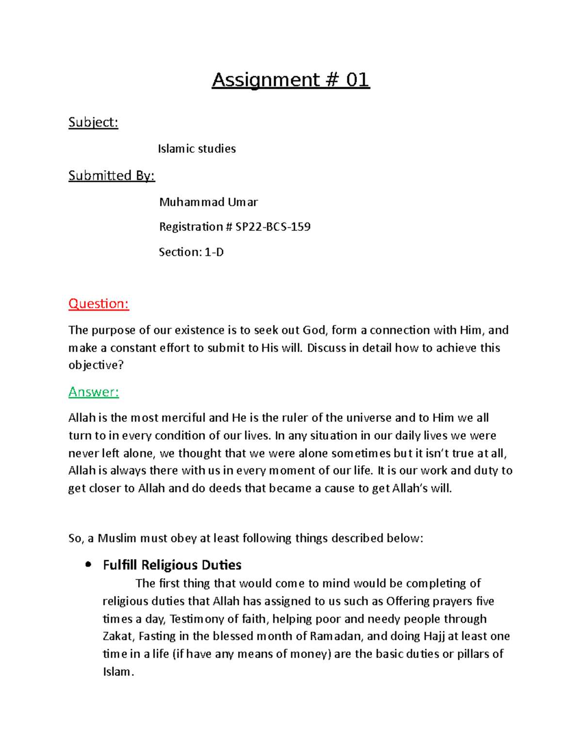 Assignment - Just Gave Me Document - Assignment # 01 Subject: Islamic ...