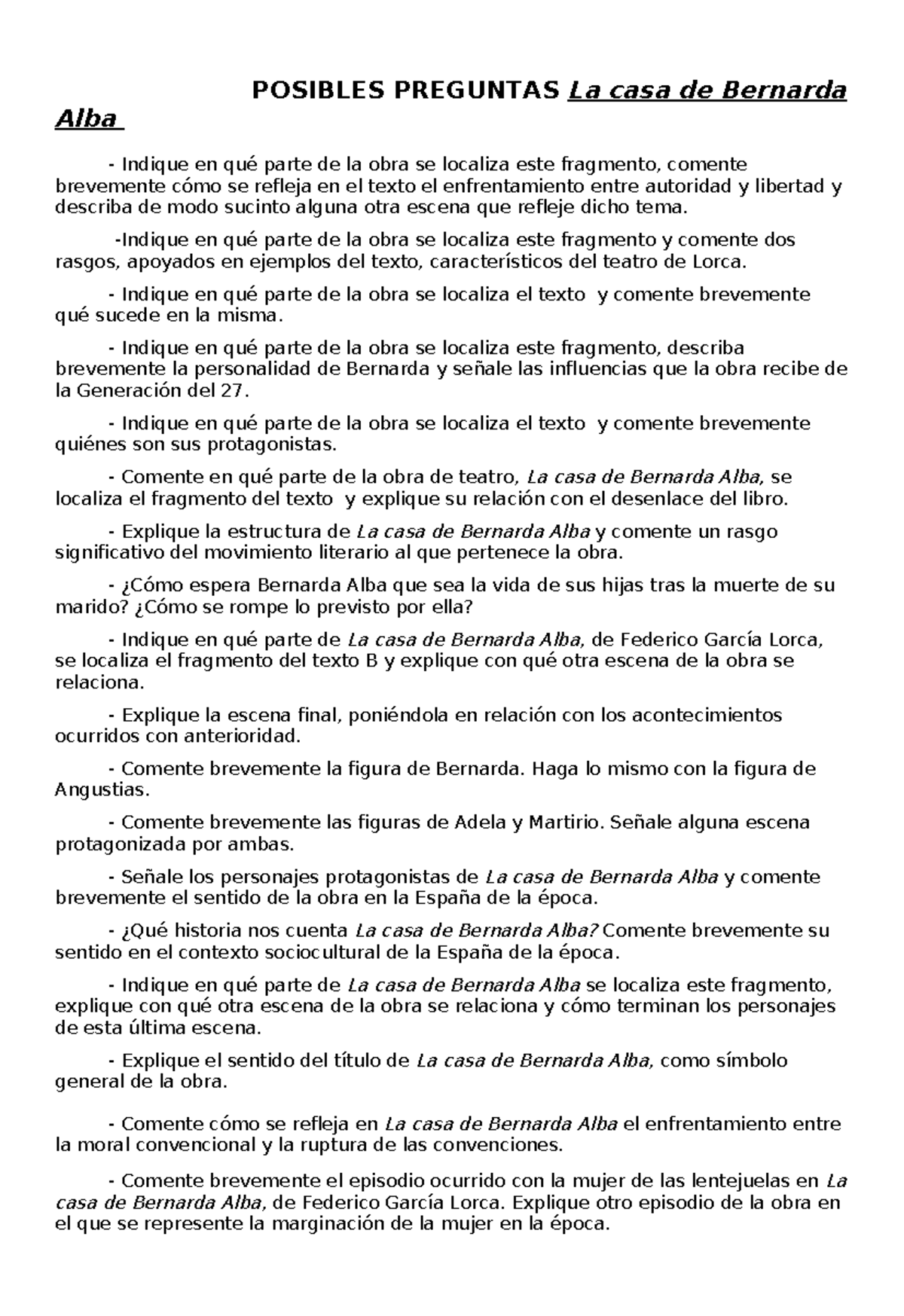 Posibles Preguntas La casa de Bernarda Alba - POSIBLES PREGUNTAS La ...