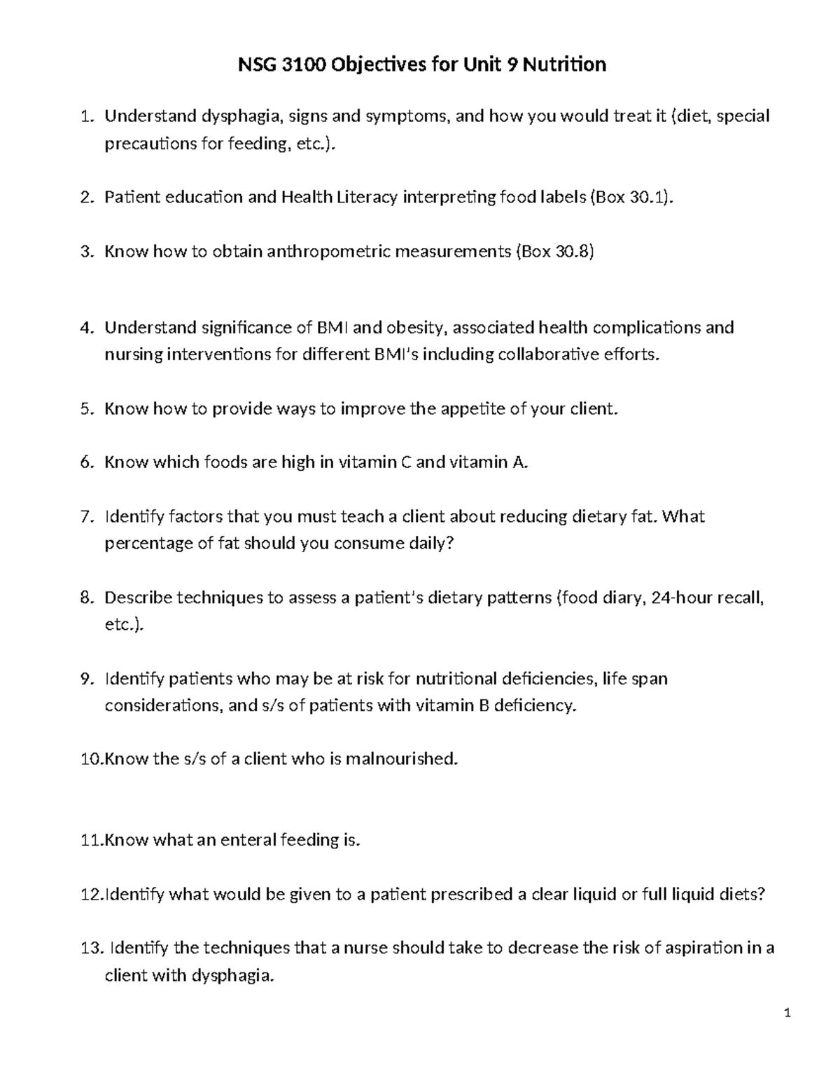 Nsg 3100 Nutrition Objectives For Unit 9 Summer 2024 Nsg 3100