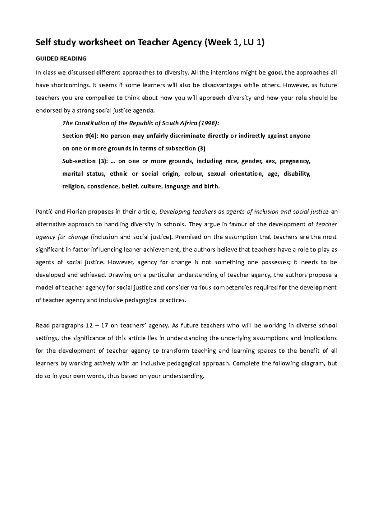 Self study Worksheet on Teacher Agency (Week 1, LU 1)(1) - Self study ...