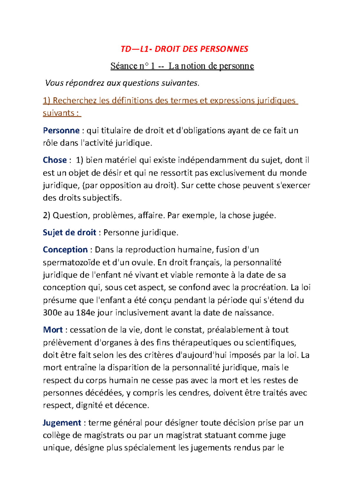 TD droit des personnes - La notion de personne - TD—L1- DROIT DES PERSONNES Séance n° 1 - La ...