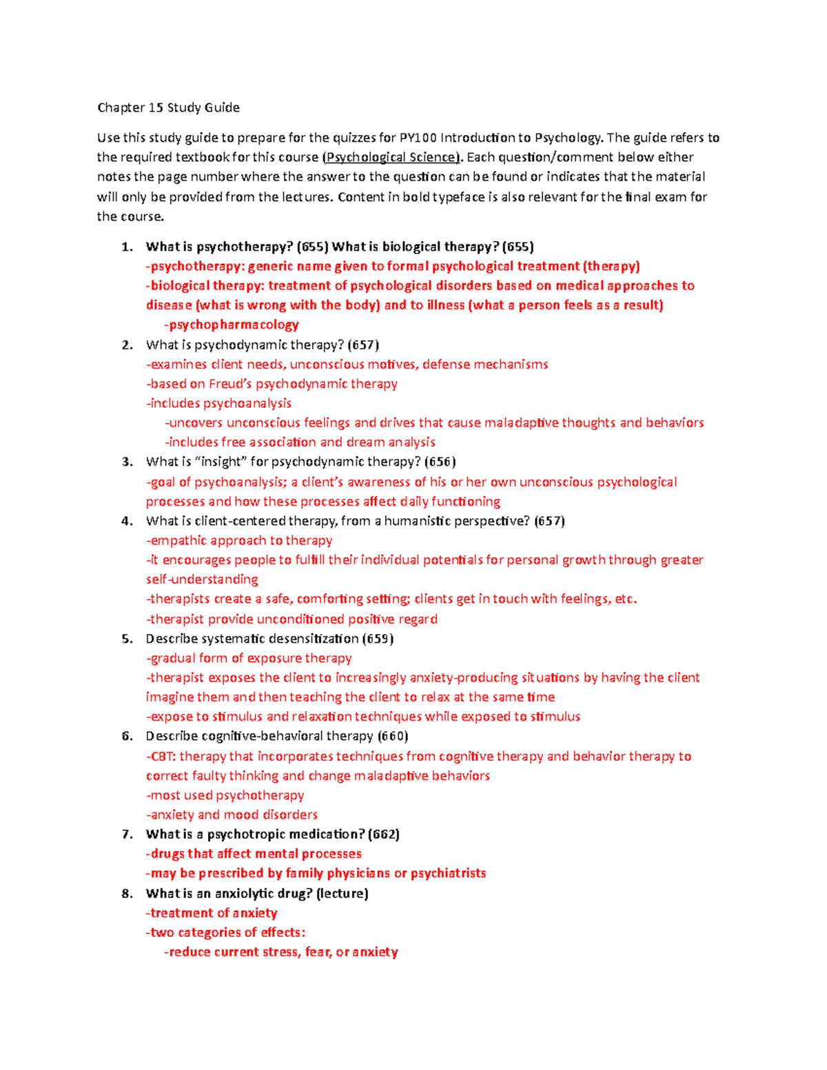 Chapter 15 Study Guide, Psychology - Chapter 15 Study Guide Use this ...