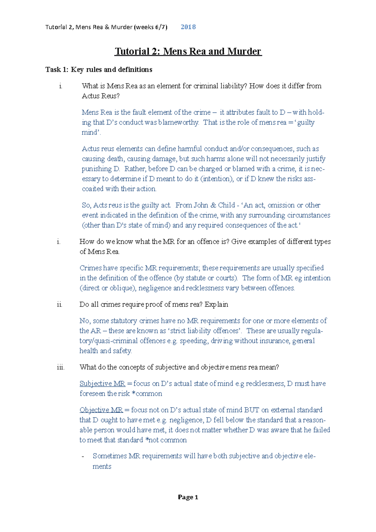 Tutorial 2 Mens Rea and Murder - Tutorial 2: Mens Rea and Murder Task 1 ...