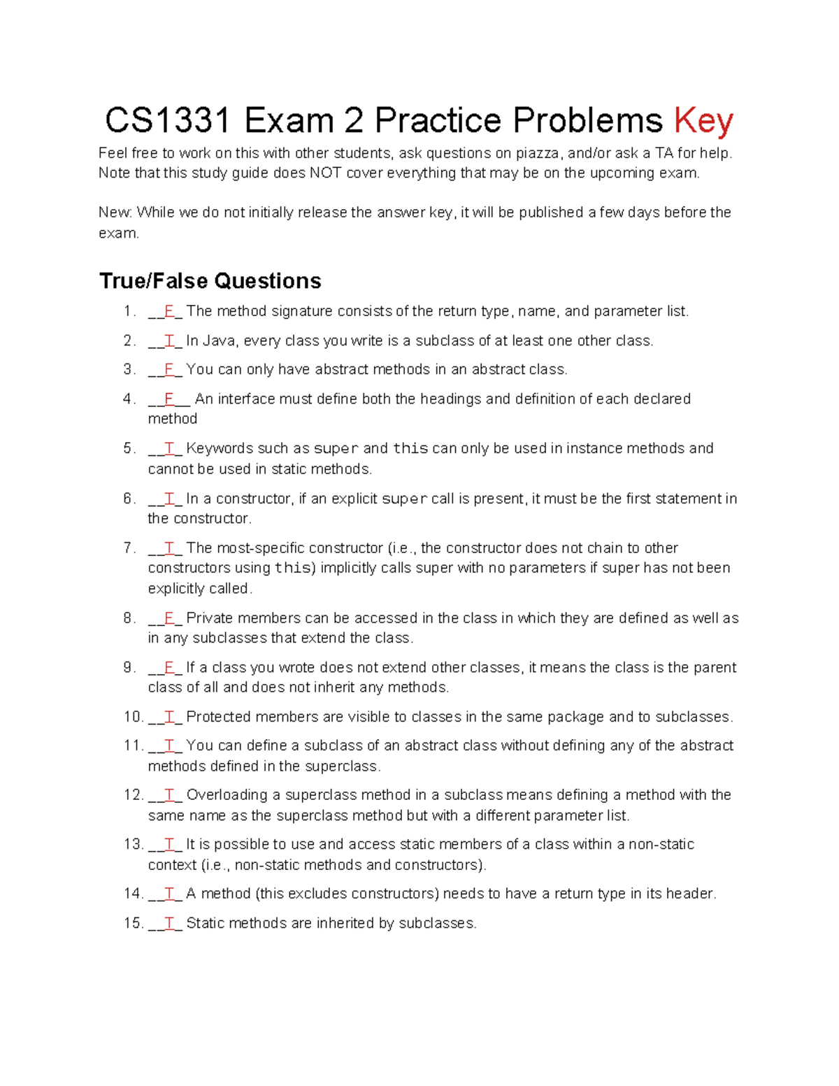 Exam 2 Practice Key for CS 1331 2023-2024 - CS1331 Exam 2 Practice Problems Key Feel free to ...