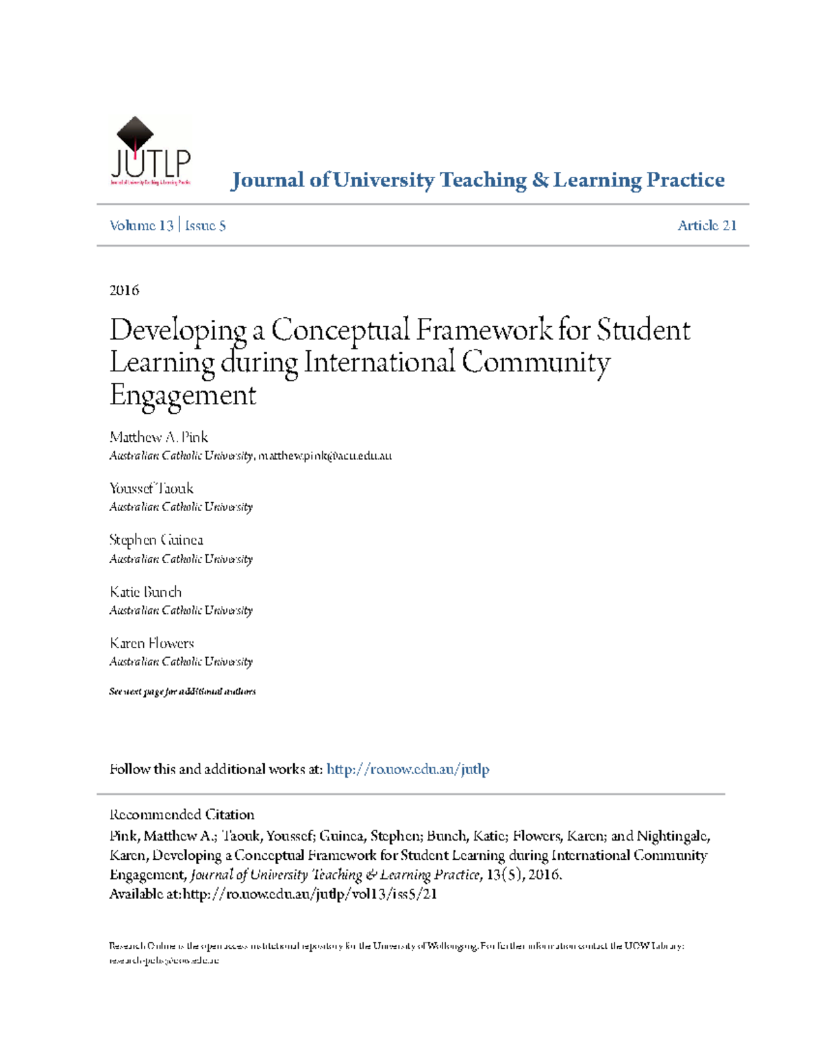 Conceptual Framework - Pink Australian Catholic University, matthew@acu.edu Youssef Taouk ...