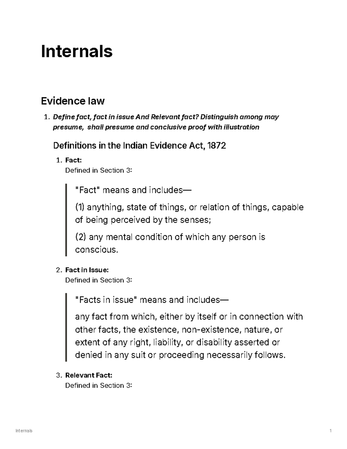 Evidence law practice - Internals Evidence law Define fact, fact in ...
