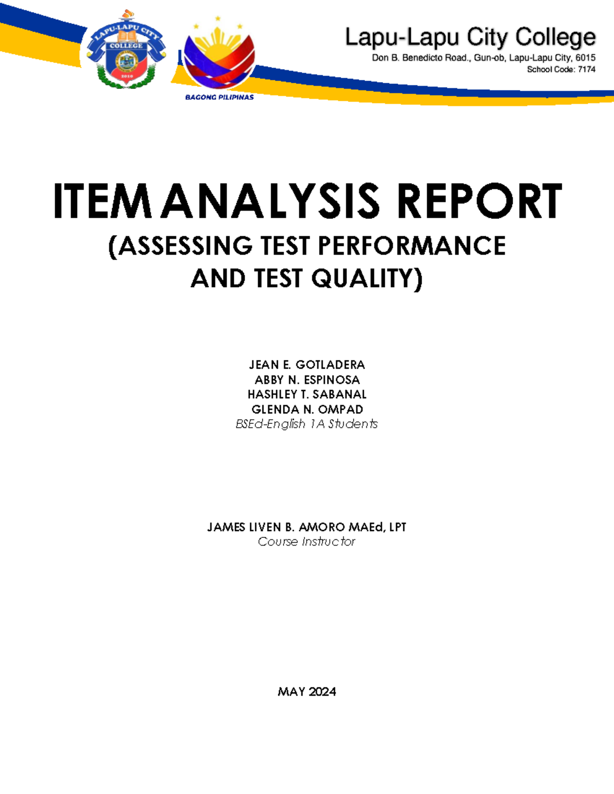 Group 10- ITEM Analysis Report - Lapu-Lapu City College Don B ...