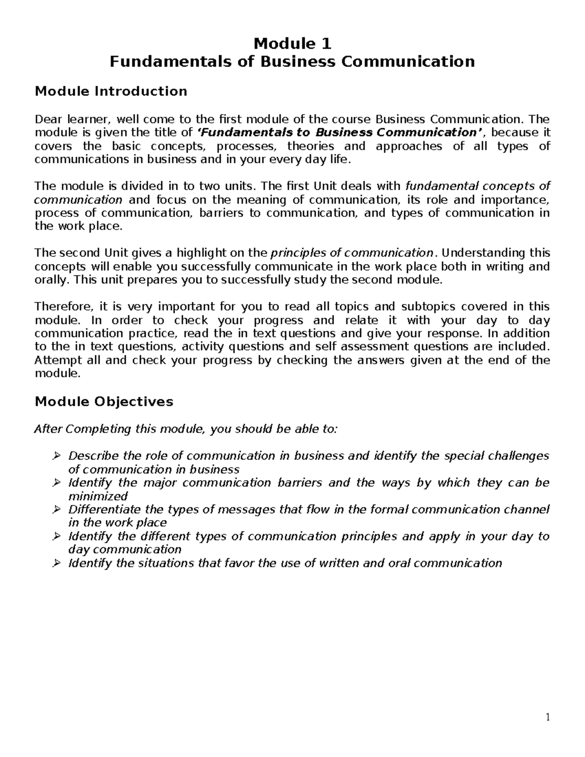 Chapter 1 & 2 - Module 1 Fundamentals of Business Communication Module ...