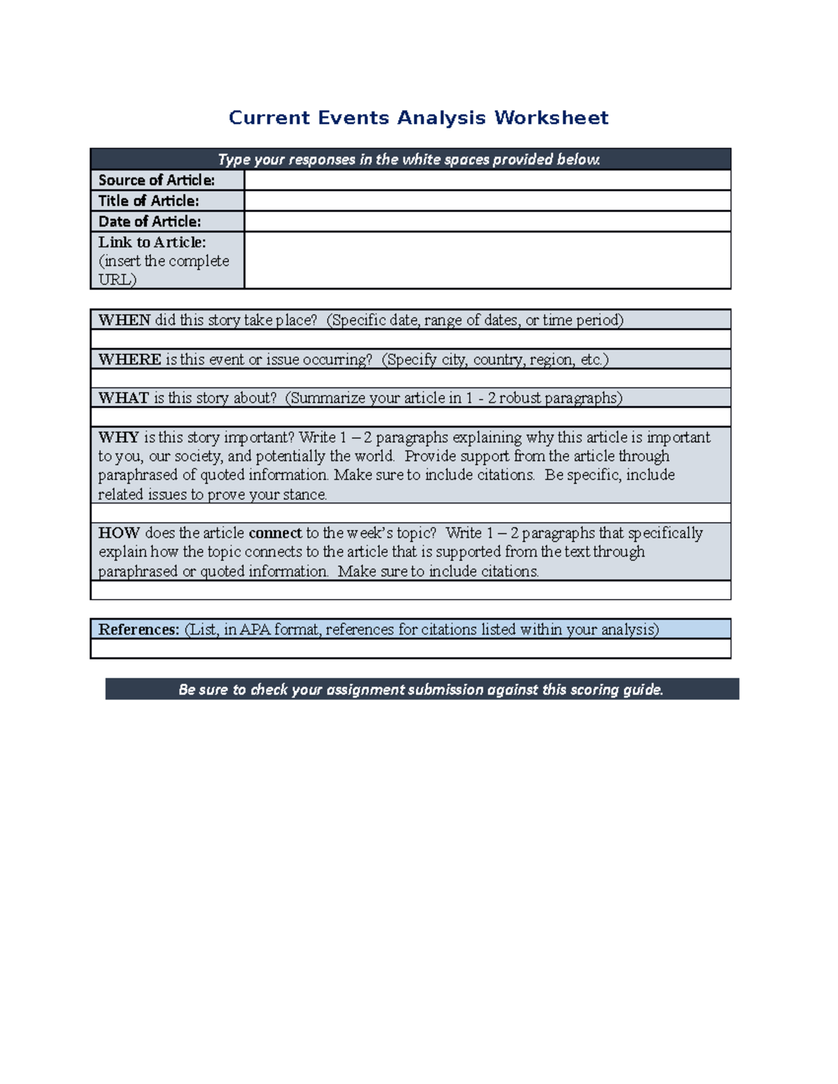 Current Events Analysis Worksheet - Source of Article: Title of Article ...