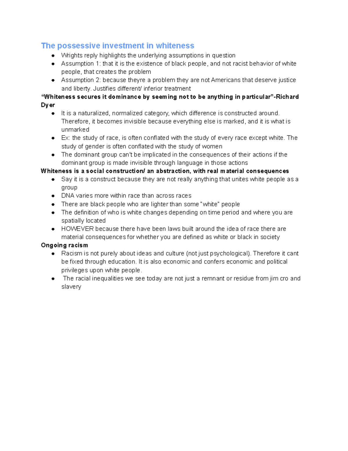 The possessive investment in whiteness - Justifies different/ inferior treatment “Whiteness ...