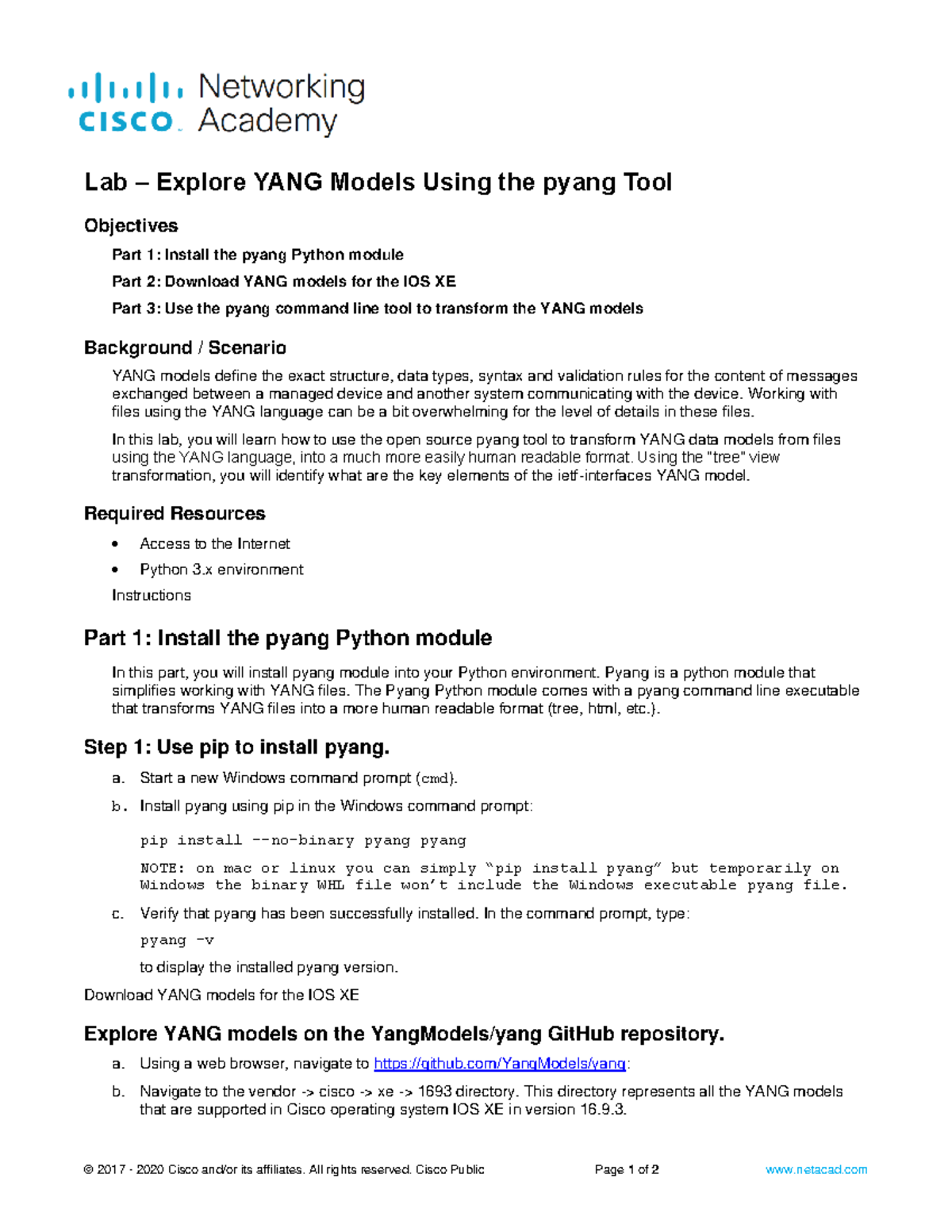 2 3 Lab Explore Yang Models Using The Pyang Tool © 2017 2020 Cisco And Or Its Affiliates