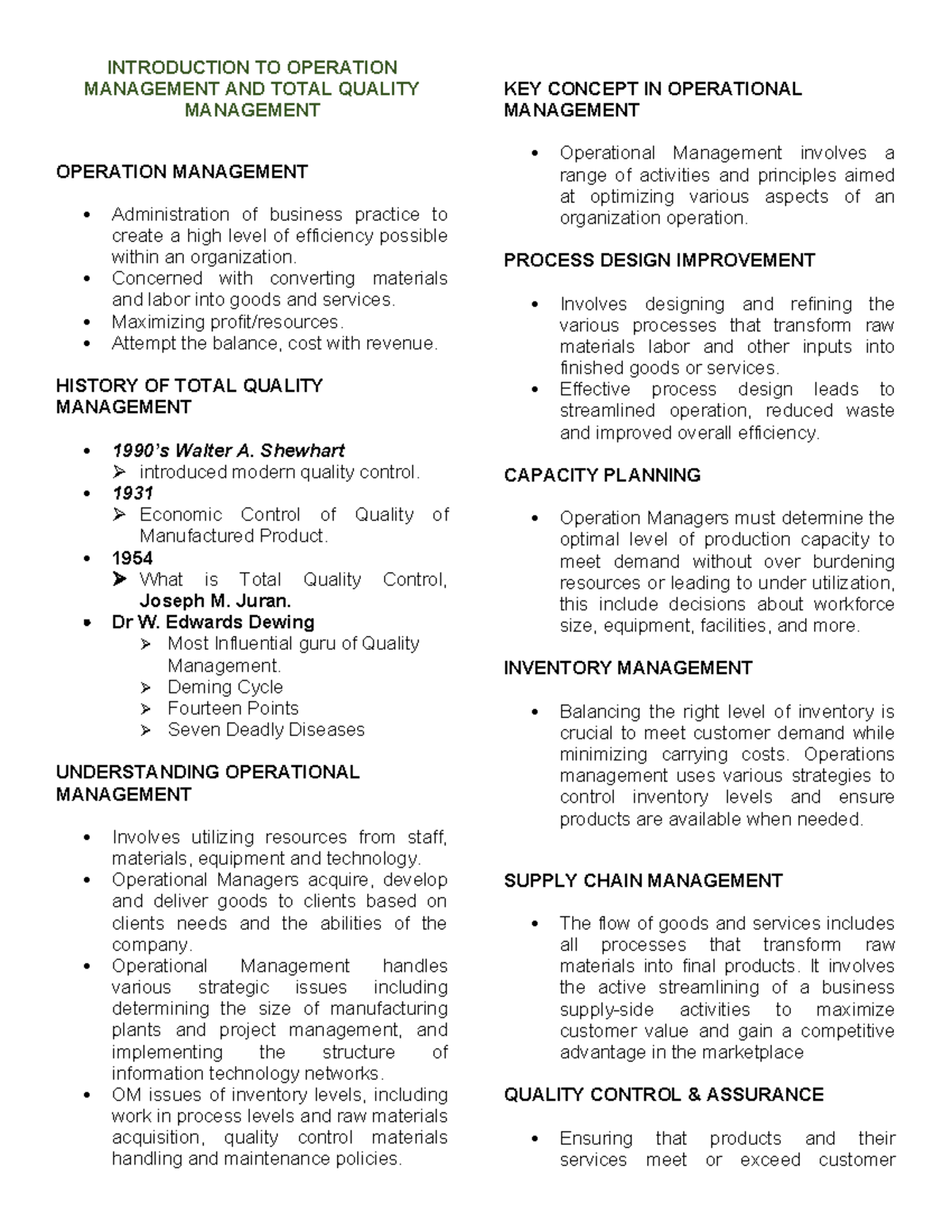 Operational Management AND Total Quality Management - INTRODUCTION TO OPERATION MANAGEMENT AND ...