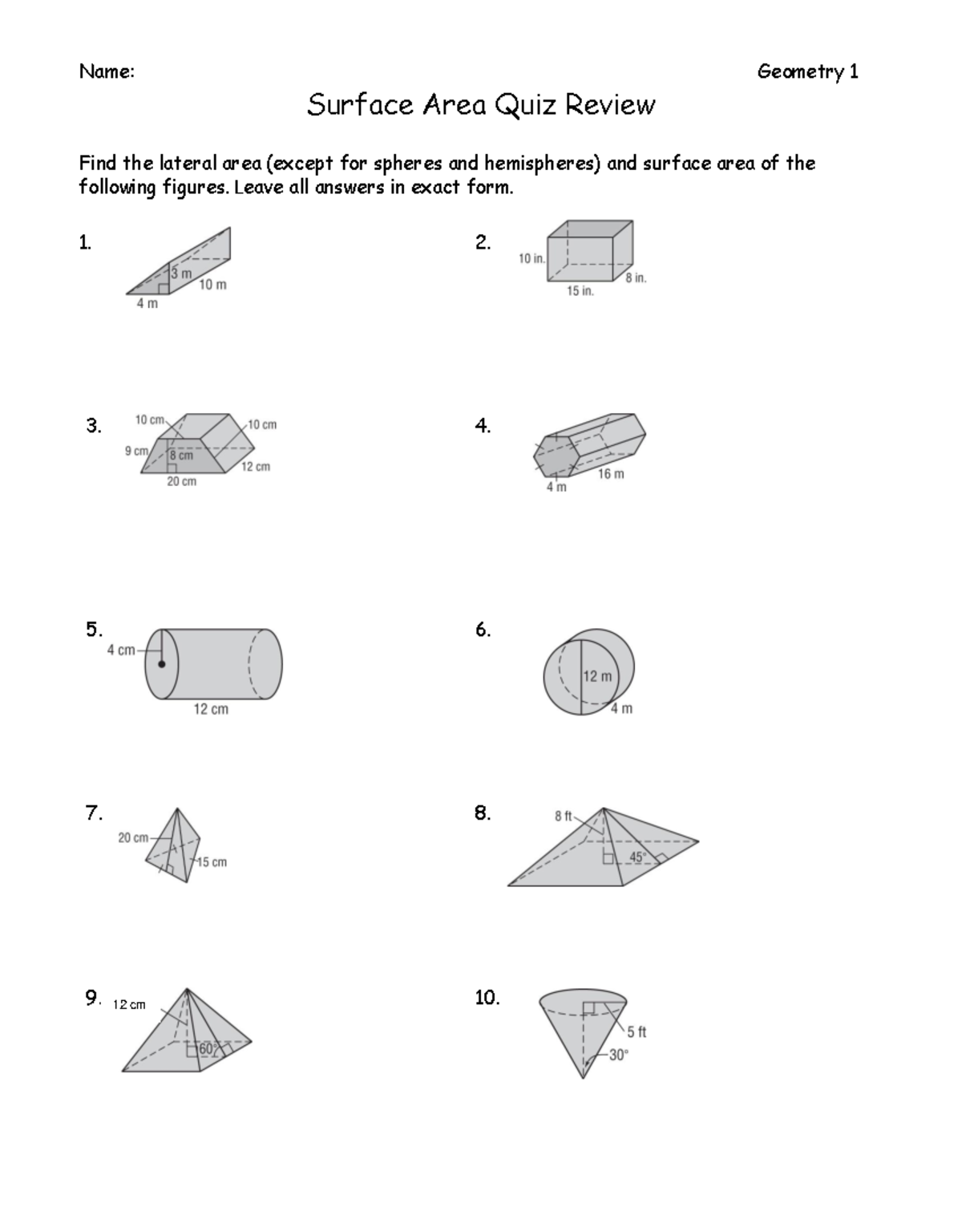 Review Surface Area Quiz updates 2024 - Name: Geometry 1 Surface Area ...