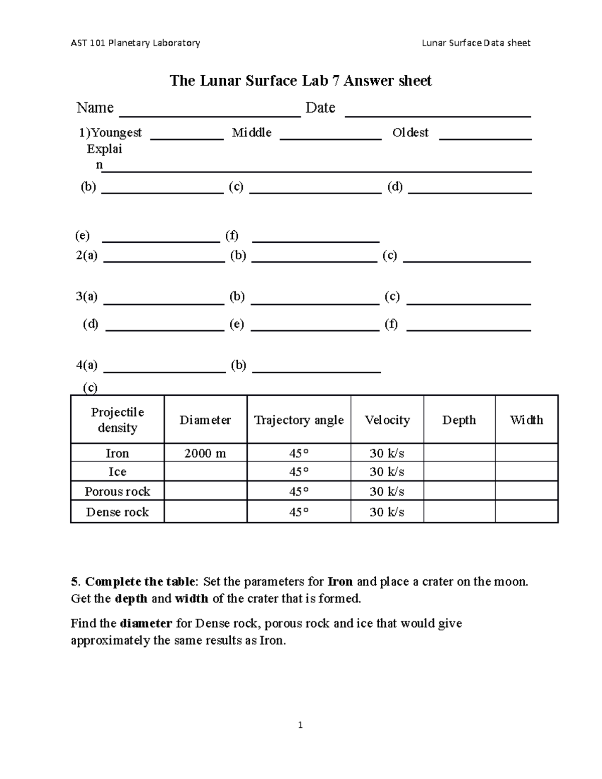 AST 101 Lab 7- Lunar Surface Data sheet - AST 101 Planetary Laboratory ...