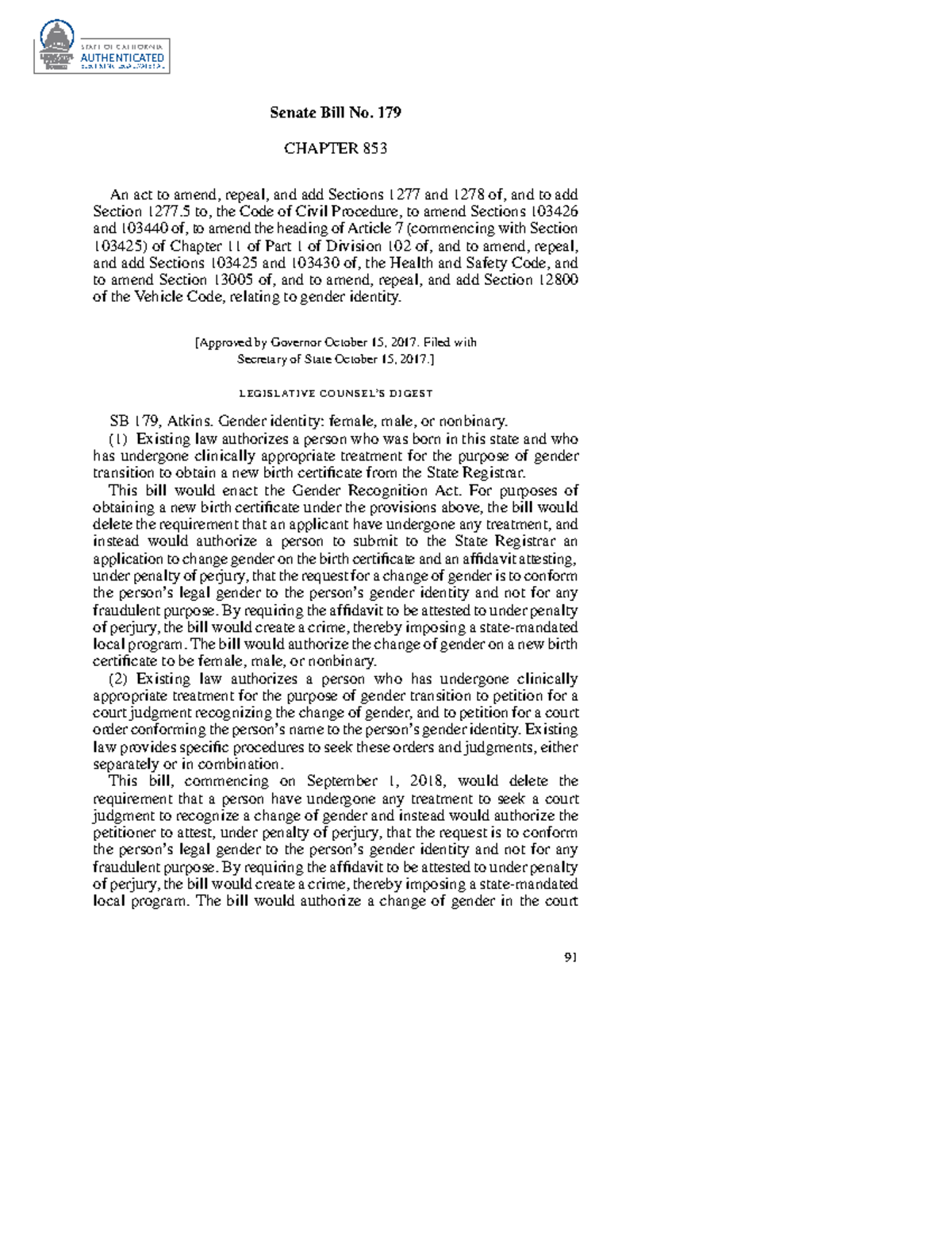 California Bill - Calidornia bill - Senate Bill No. 179 CHAPTER 853 An ...