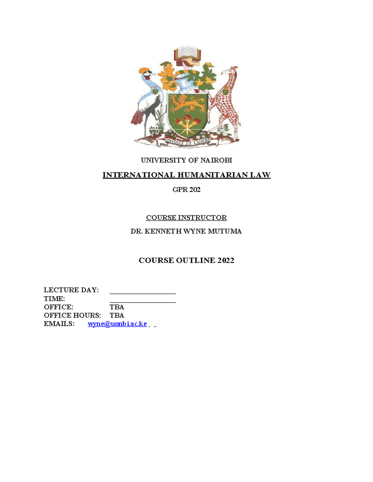 Course Outline IHL LLB 2022 - UNIVERSITY OF NAIROBI INTERNATIONAL ...