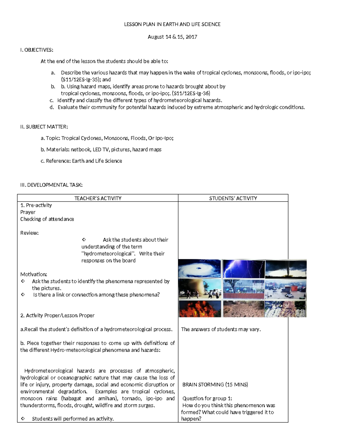 LP-IPO-IPO - LESSON PLAN IN EARTH AND LIFE SCIENCE August 14 & 15, 2017 ...