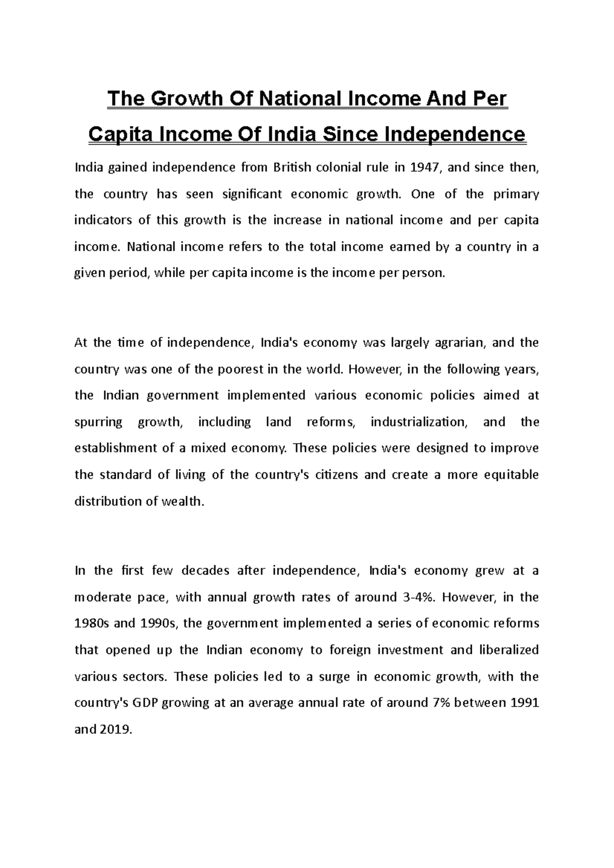 The Growth Of National Income And Per Capita Income Of India Since ...