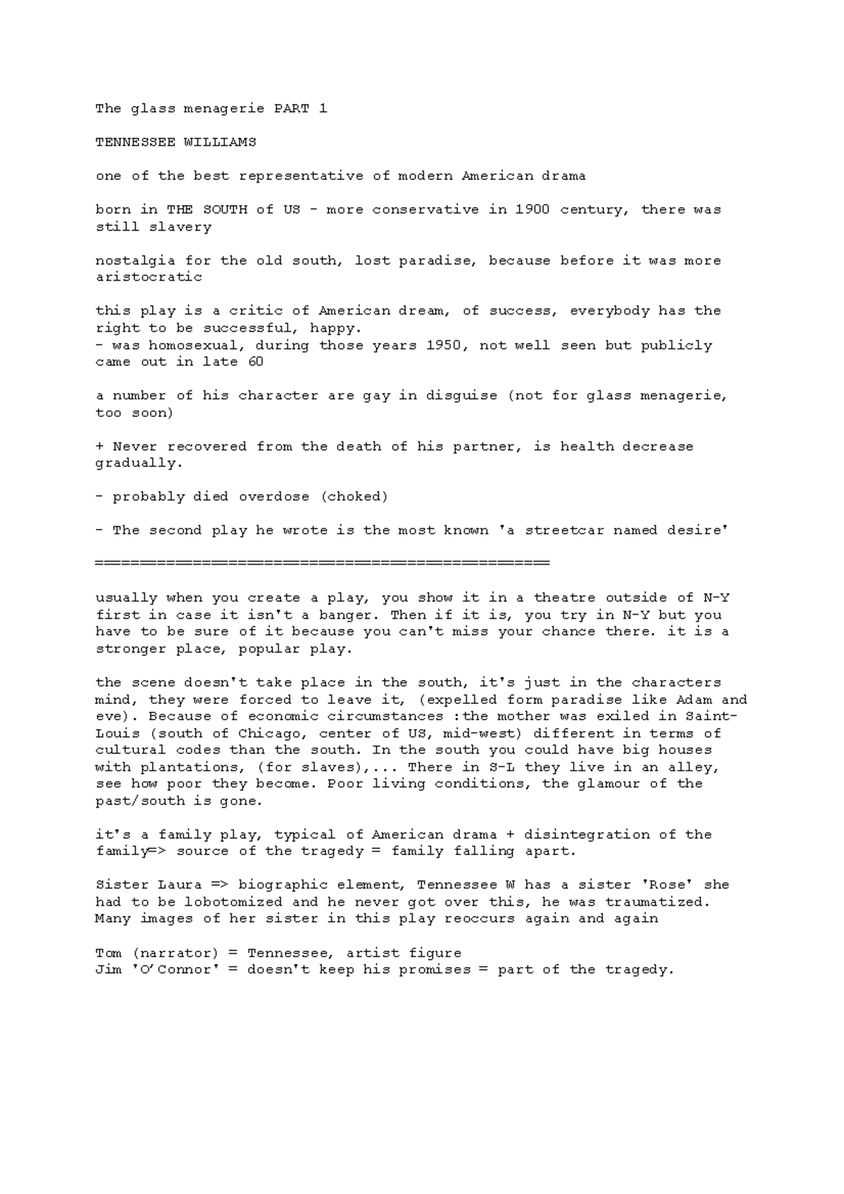 The glass menagerie notes cours Germb 115 part 1 - The glass menagerie ...
