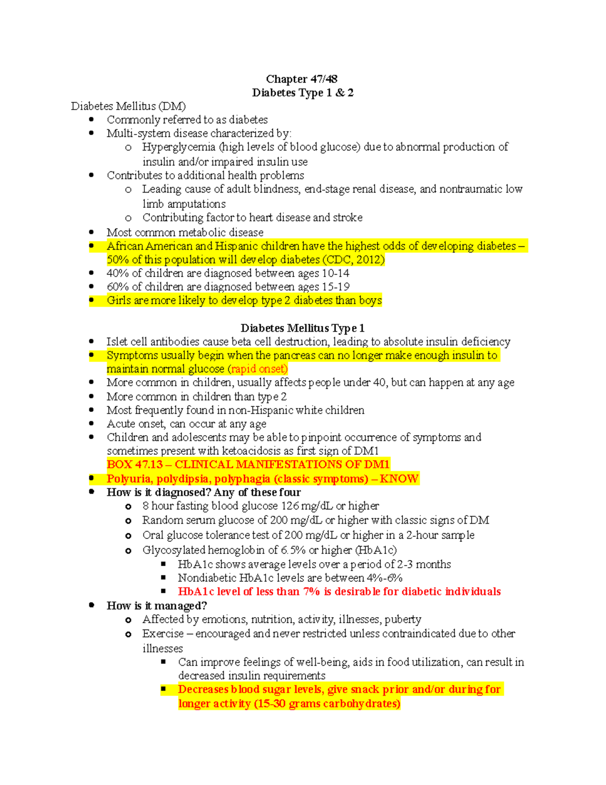 NUR379 diabetes Chapter 4748 Handout - Chapter 47/ Diabetes Type 1 & 2 ...