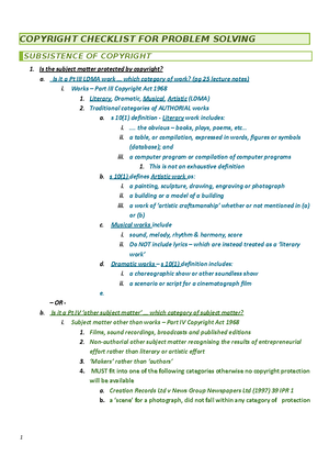 IP Law Notes - COPYRIGHT FOLLOW THIS CHECKLIST!! ISSUE 1. Whether ...