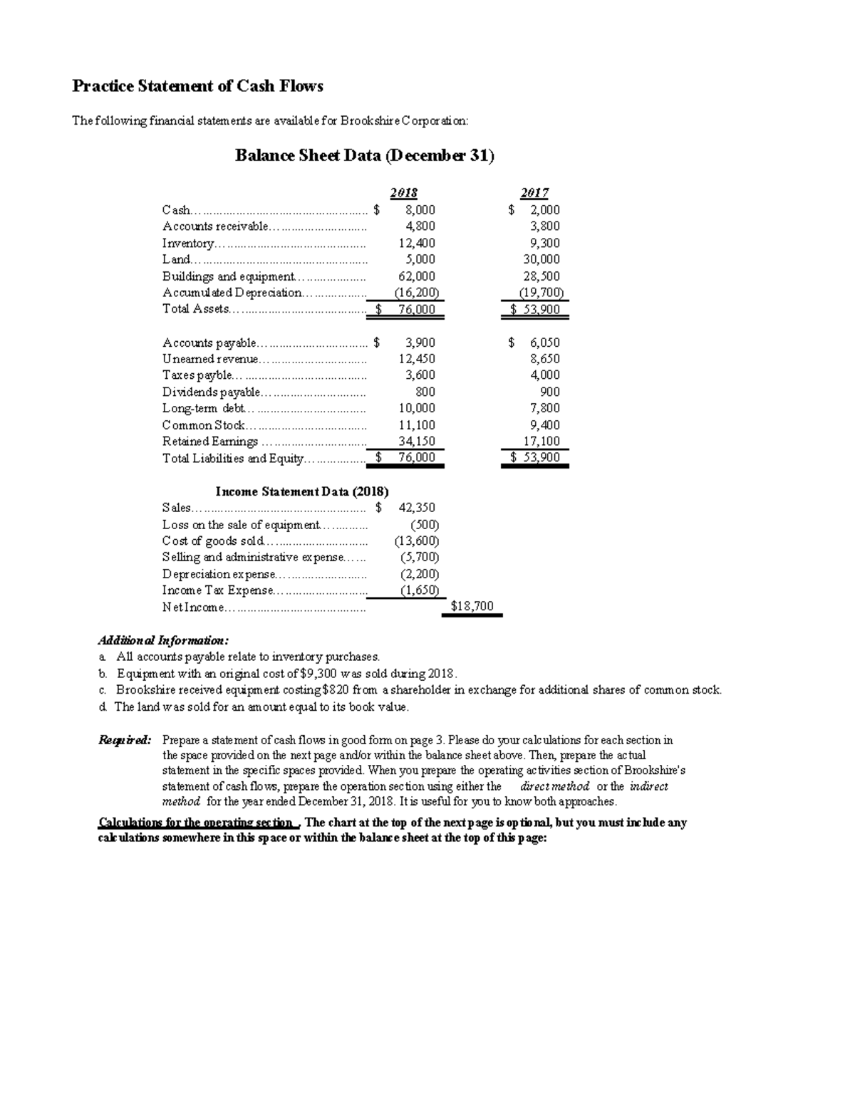Session 09-Practice Cash Flow Problem 2 - Practice Statement of Cash Flows The following ...