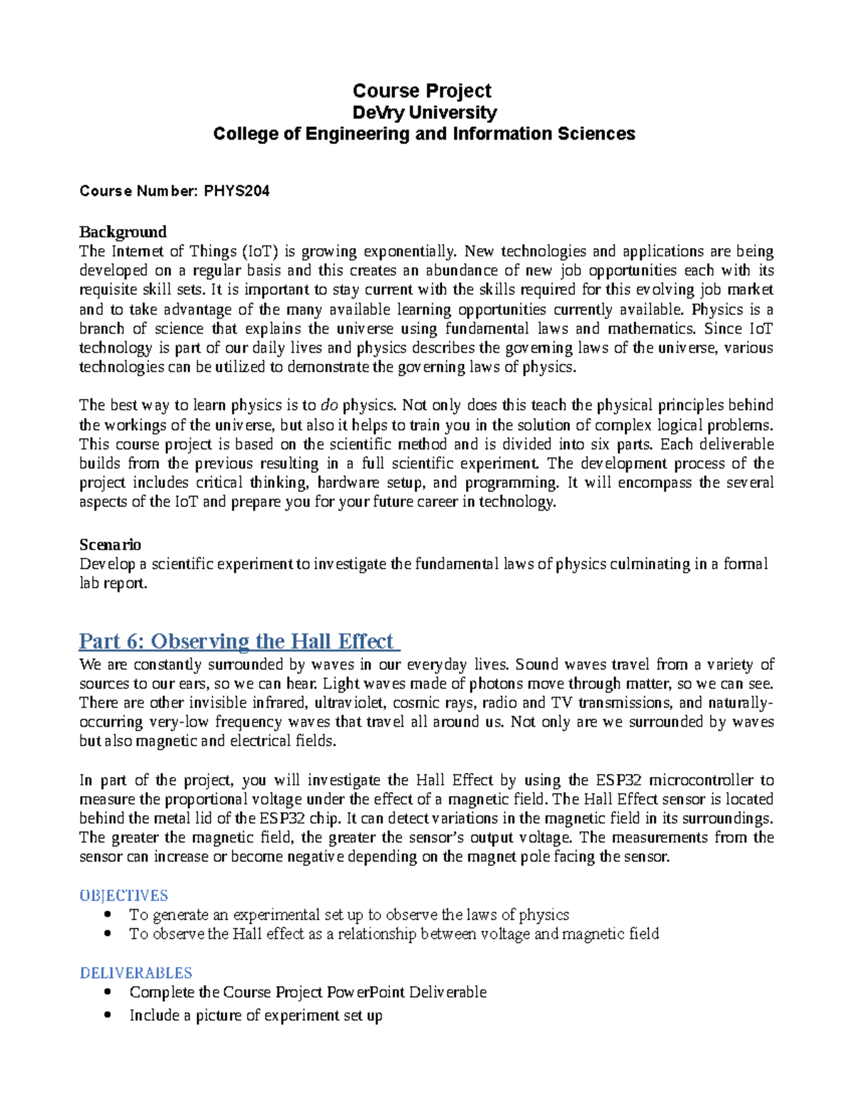 PHYS204 Course Project Part 6 - Course Project DeVry University College ...