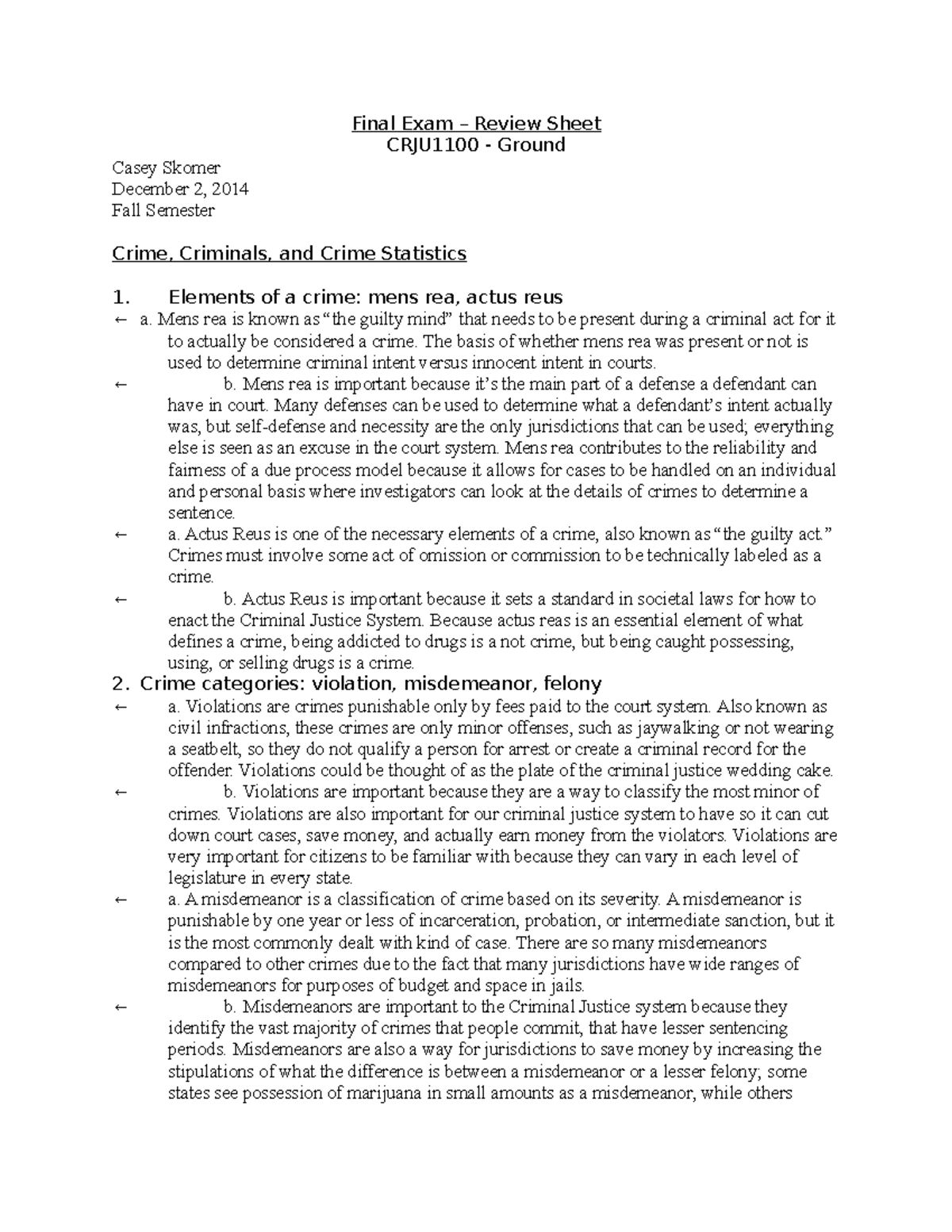 Final review sheet - Final Exam – Review Sheet CRJU1100 - Ground Casey ...