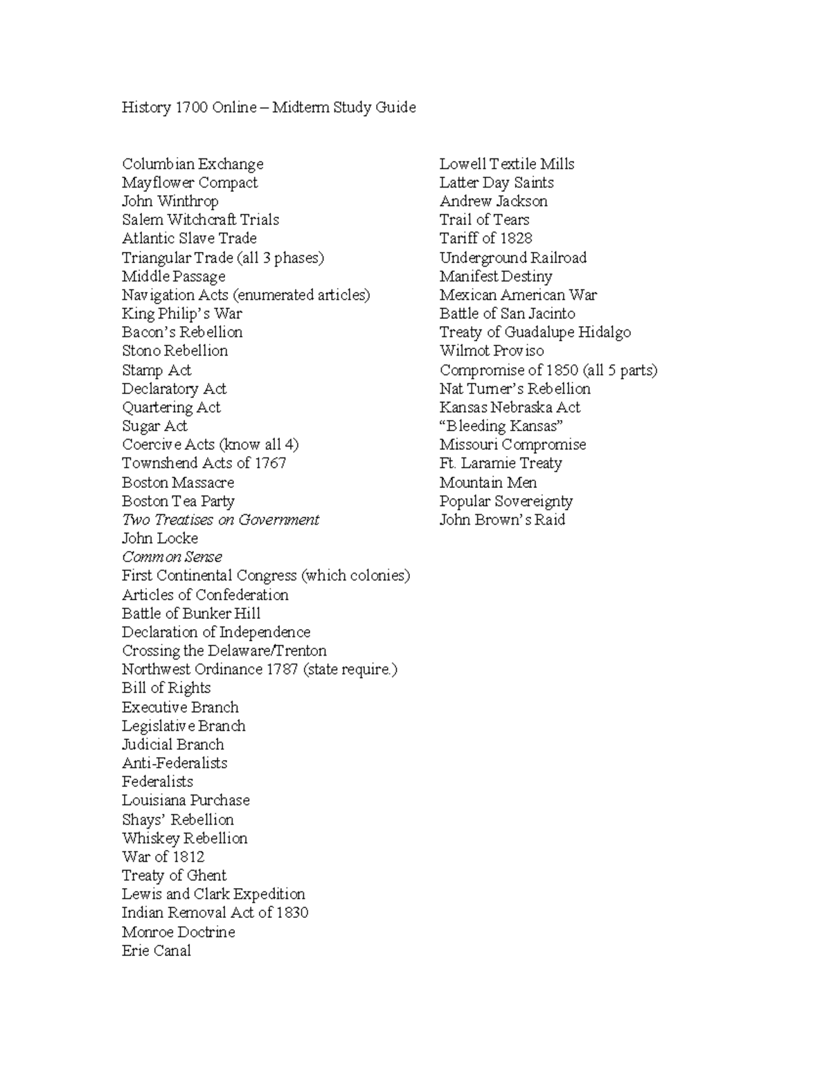 Updated Midterm Study Guide - History 1700 Online – Midterm Study Guide ...