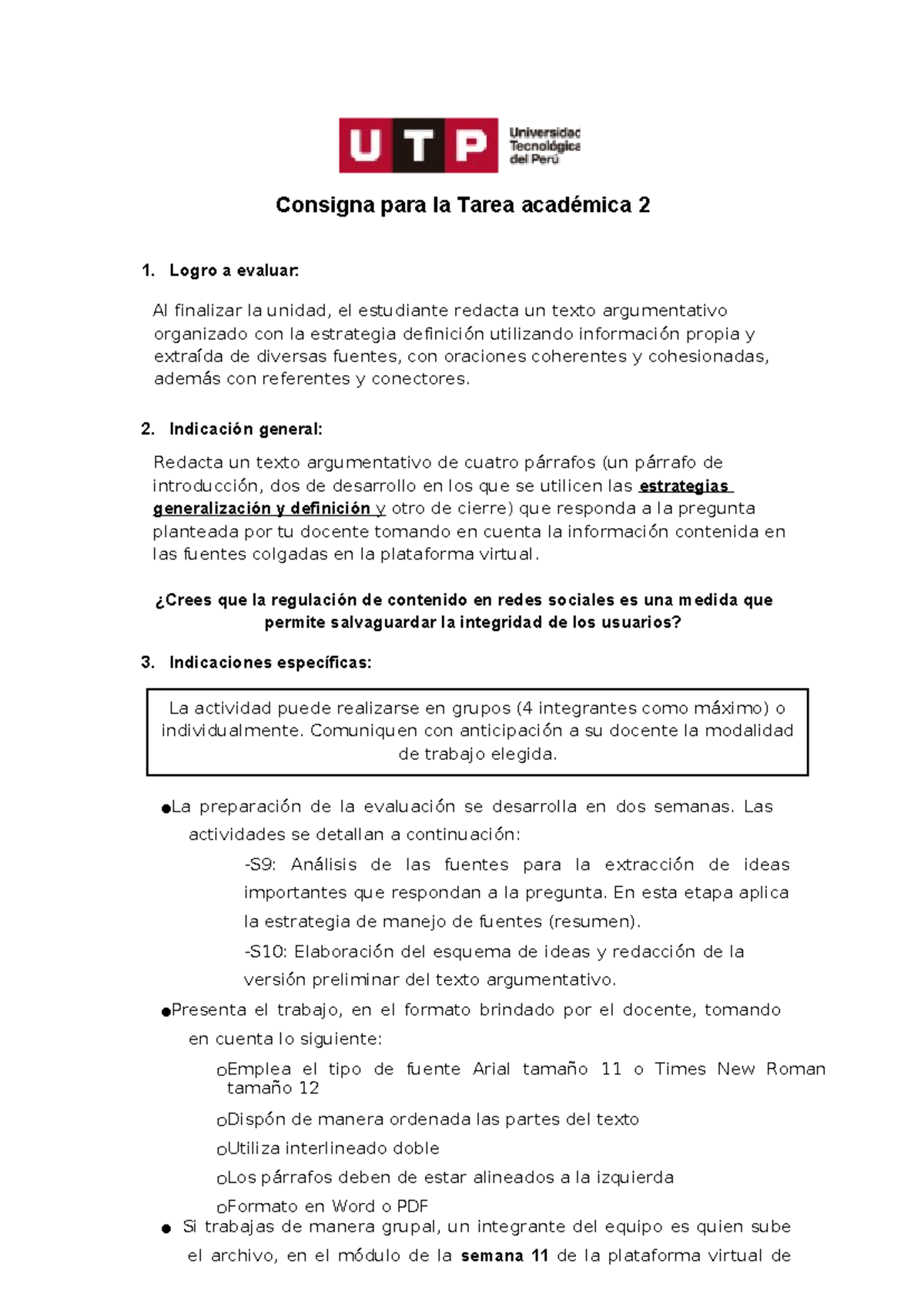 UTP - Tarea académica 2 (TA2) - Consigna para la Tarea académica 2 1. Logro a evaluar: Al ...
