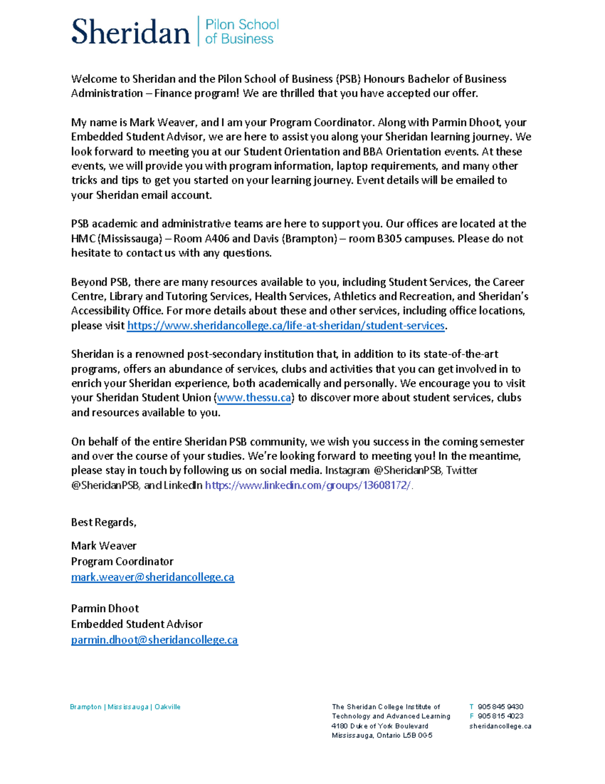 1231 Pbbaf welcome letter - Welcome to Sheridan and the Pilon School of ...