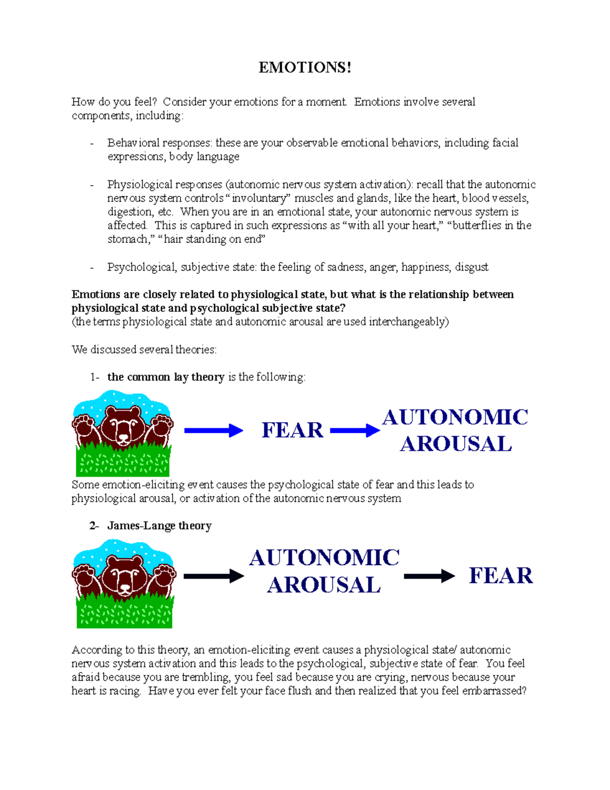 Emotion handout 2018 - Summary Psychophysiology: Human Behavior and ...