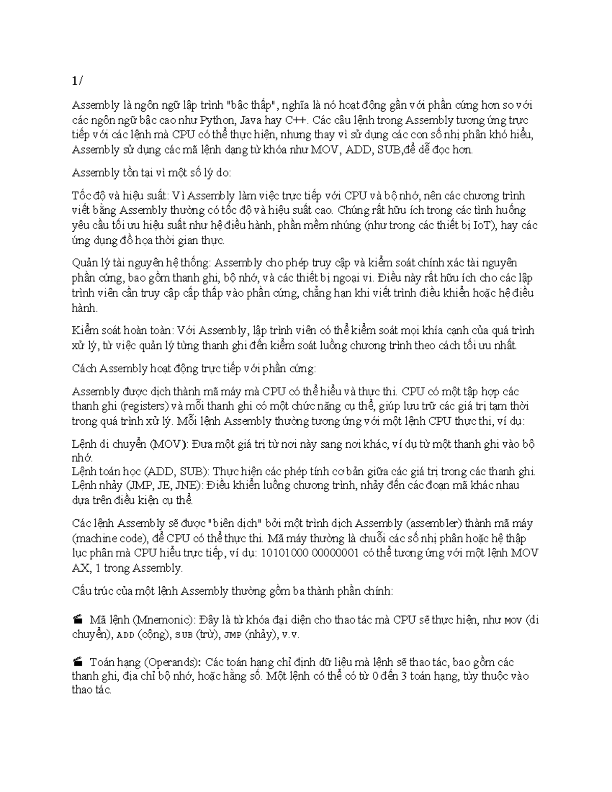 Assembly - hello - 1/ Assembly là ngôn ngữ lập trình "bậc thấp", nghĩa là nó hoạt động gần - Studocu