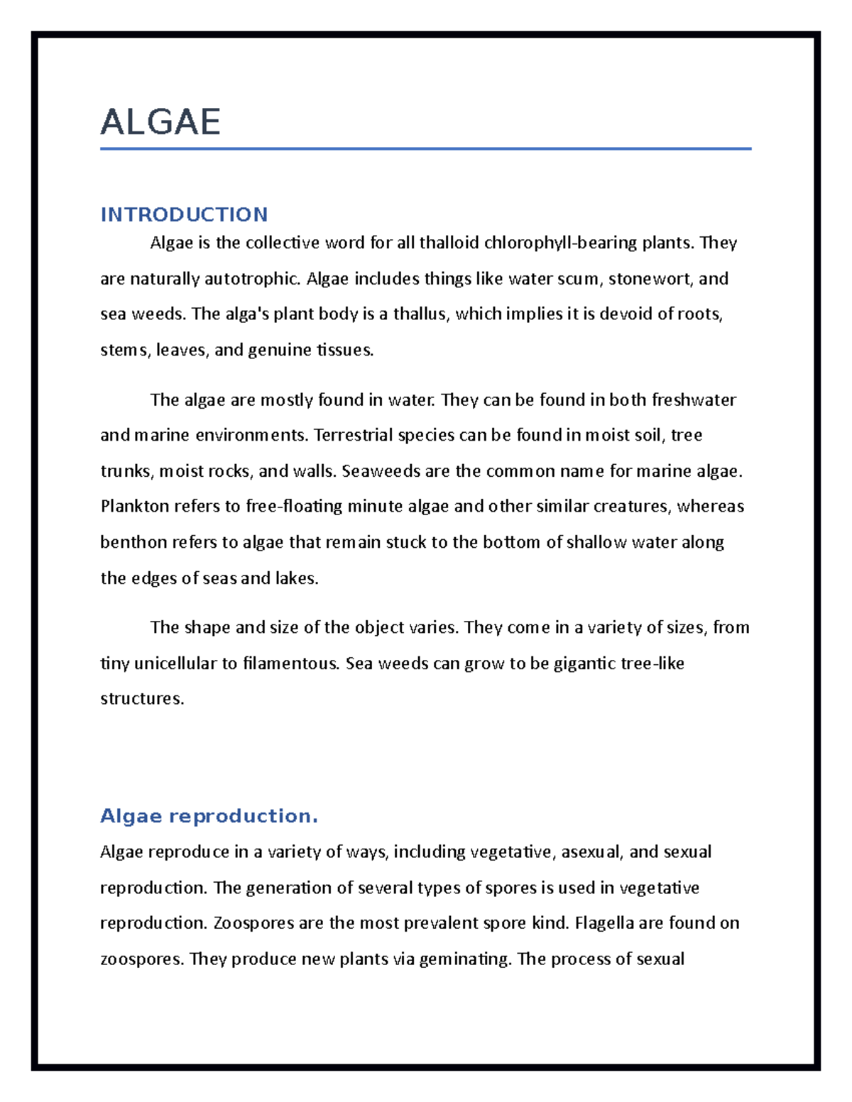 A Short NOTE ON Algae - Bachelor of Science - BHU - Studocu