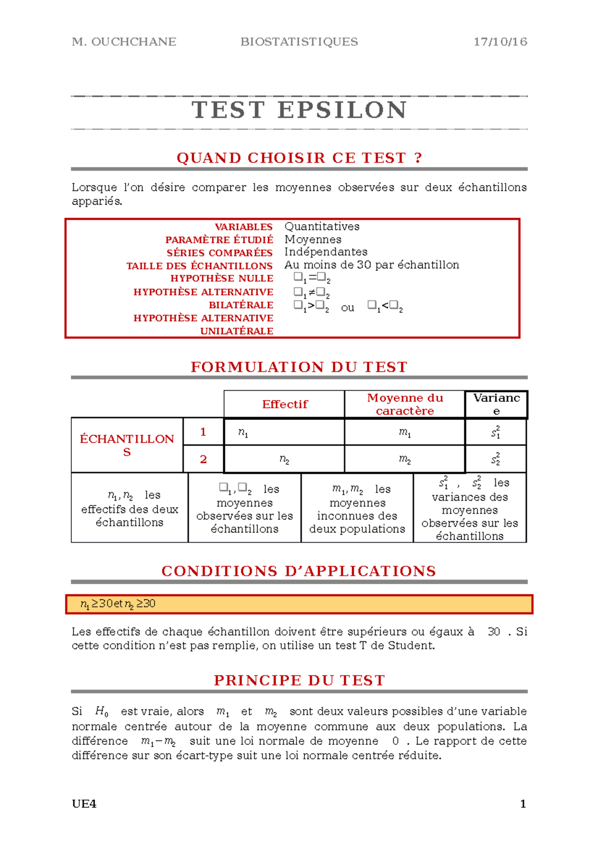 TEST DE L'EPSILON - M. OUCHCHANE BIOSTATISTIQUES 17/10/ T E S T E P S I ...