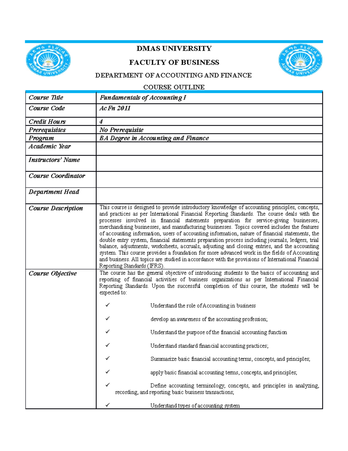FA course outline 41410 - DMAS UNIVERSITY FACULTY OF BUSINESS ...
