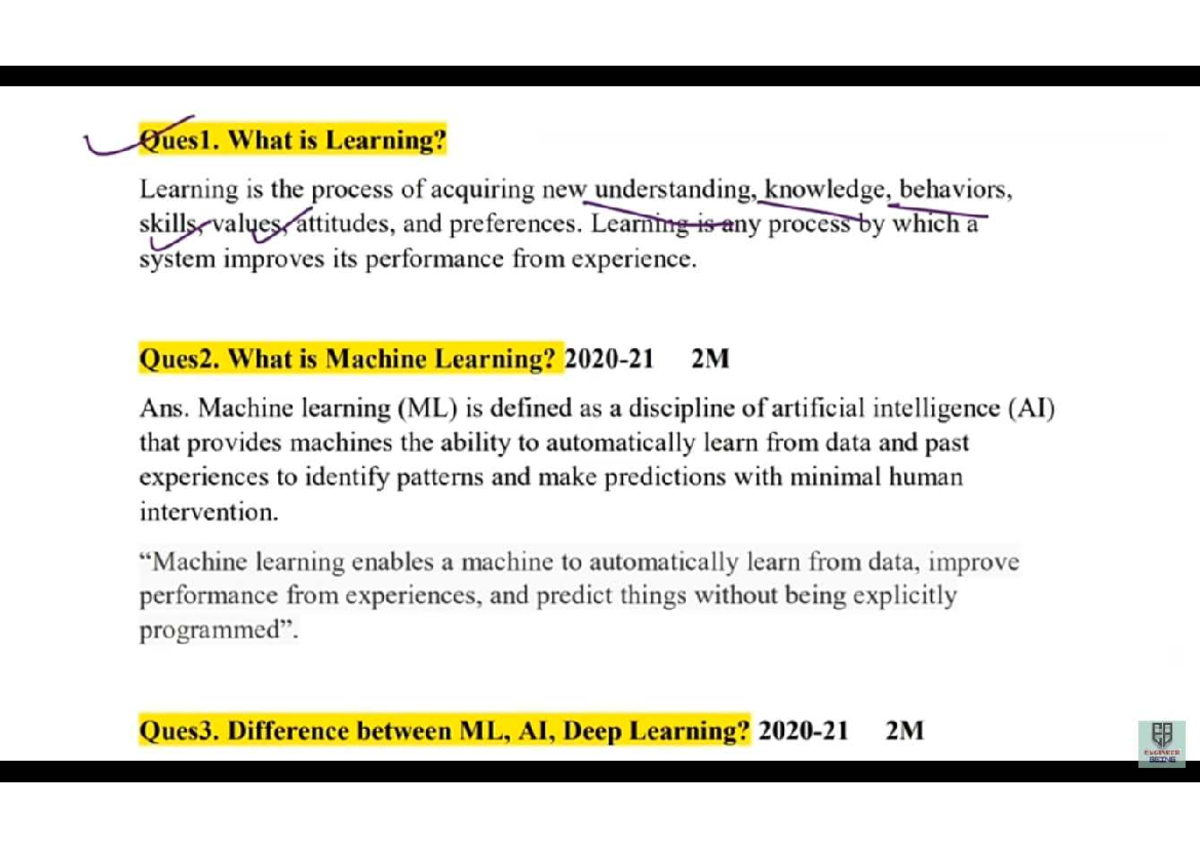 Ml unit 1 - Machine Learning notes - Ques1. What is Learning? Learning ...