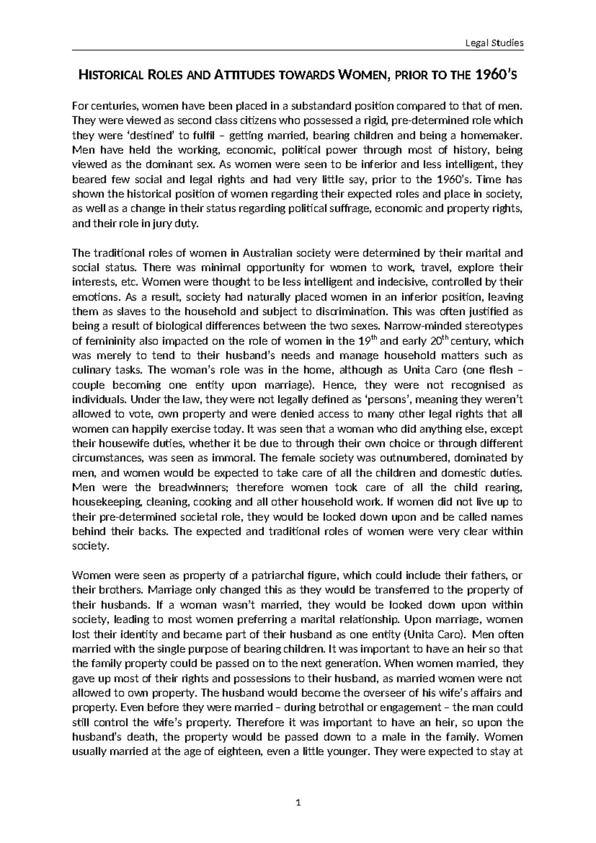 Essay on Historical Roles & Attitudes towards Women - HISTORICAL ROLES ...