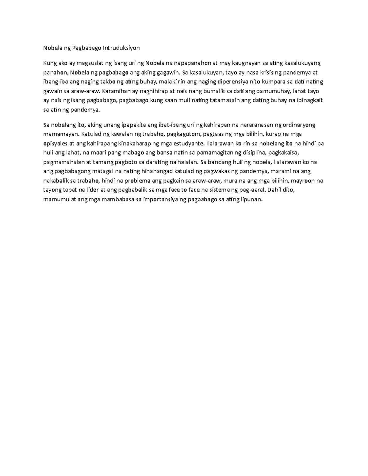 Gawain - Sample essay - Nobela ng Pagbabago Intruduksiyon Kung ako ay ...