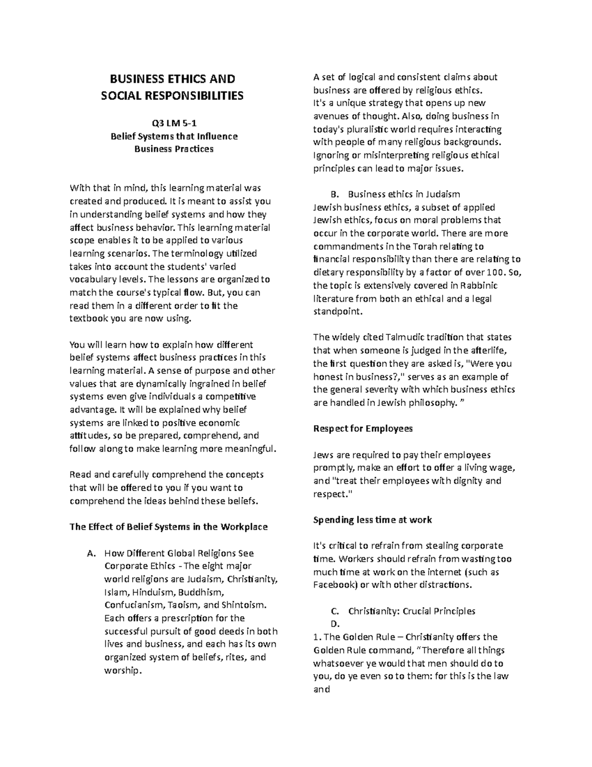 Business Ethics Q3 LM 5-1 - BUSINESS ETHICS AND SOCIAL RESPONSIBILITIES ...