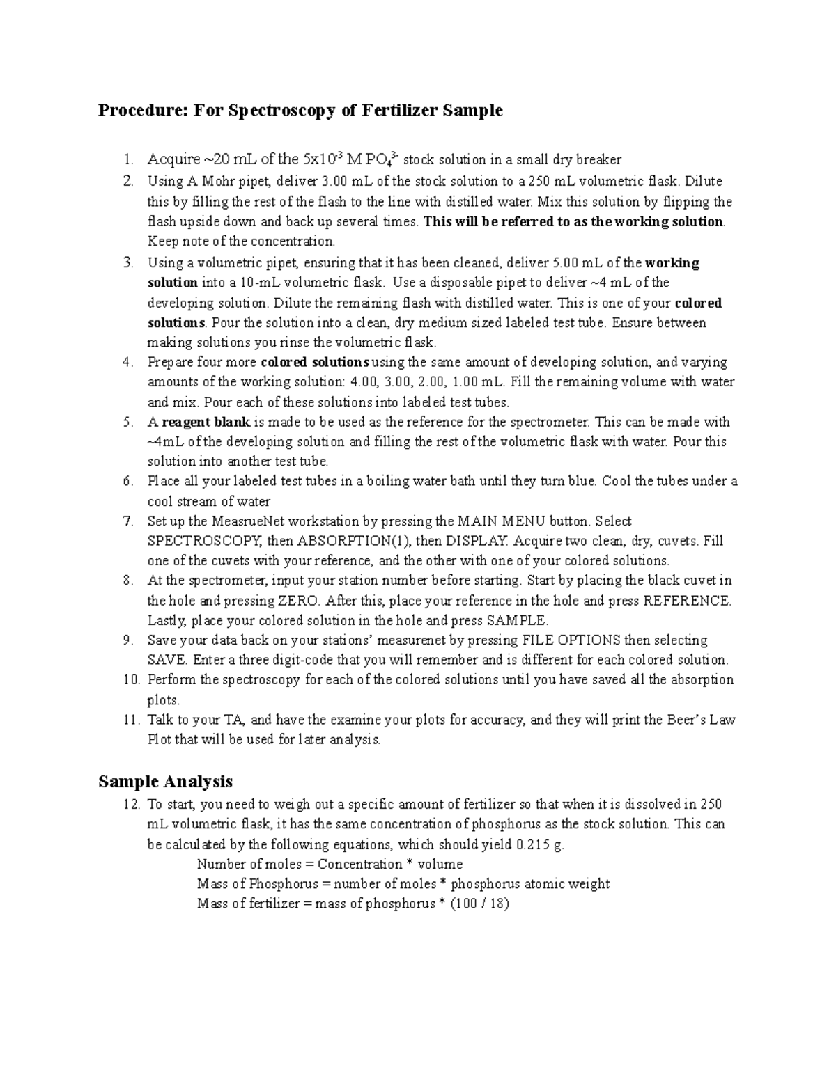 Fertilizer Project Procedure - Procedure: For Spectroscopy of ...