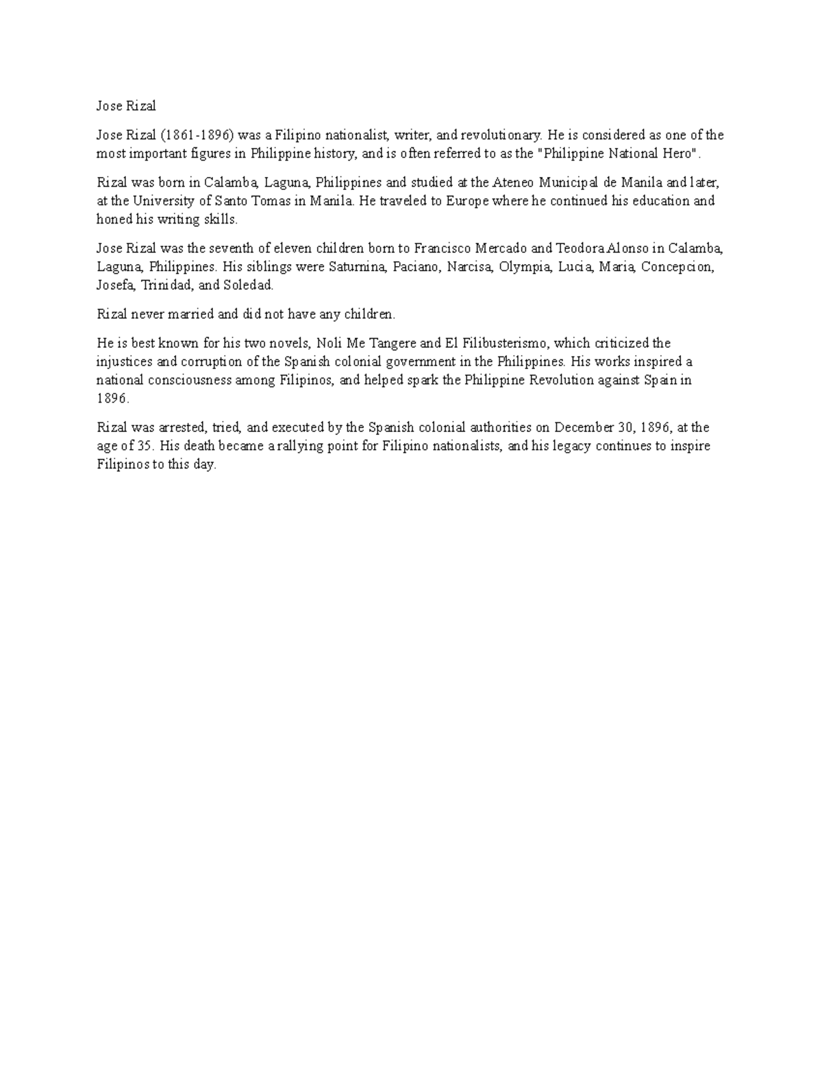 Jose Rizal - Jose Rizal Jose Rizal (1861-1896) was a Filipino ...