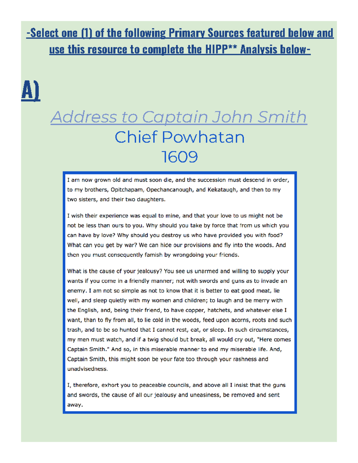 HIPP Document Analysis colonial letters -Select one (1) of the ...