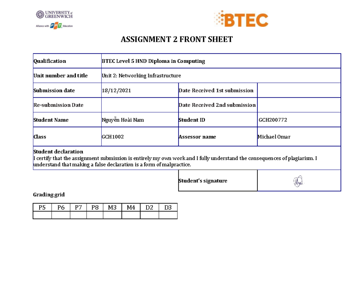 123 - asfasfasf - ASSIGNMENT 2 FRONT SHEET Qualification BTEC Level 5 ...