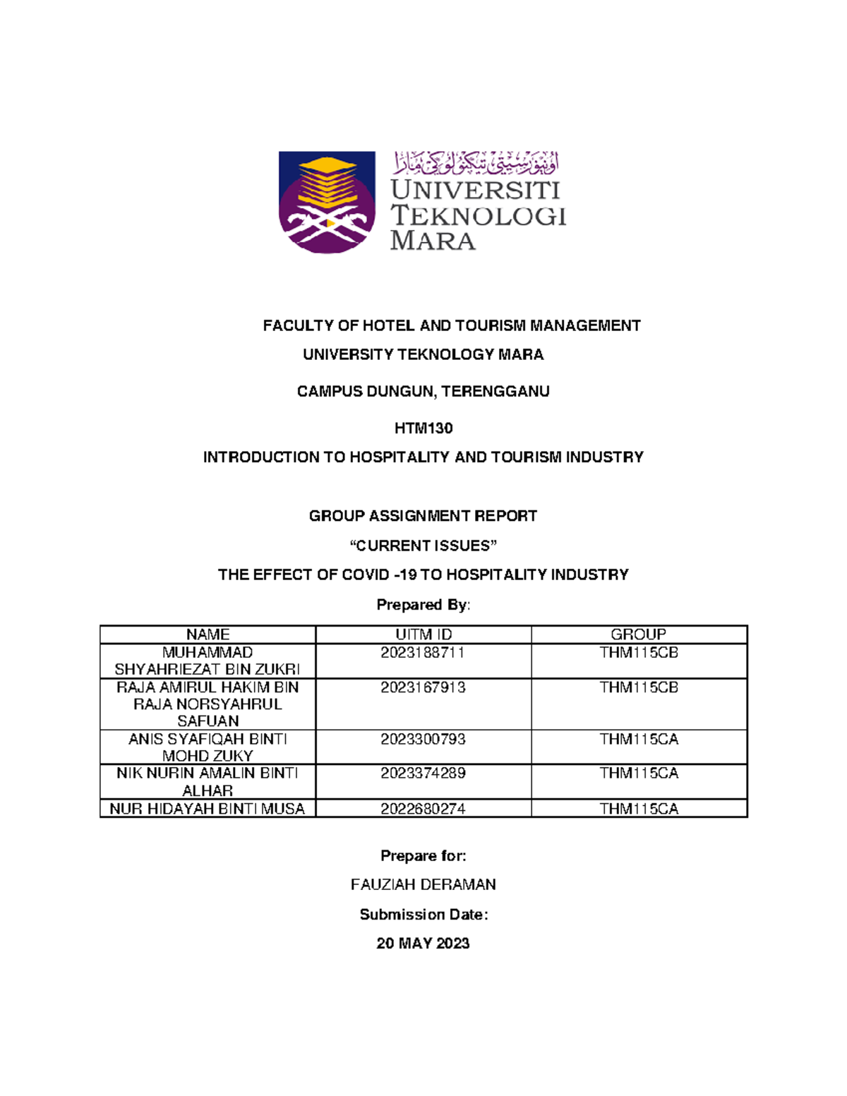 Sample Written Assignment Faculty Of Hotel And Tourism Management University Teknology Mara