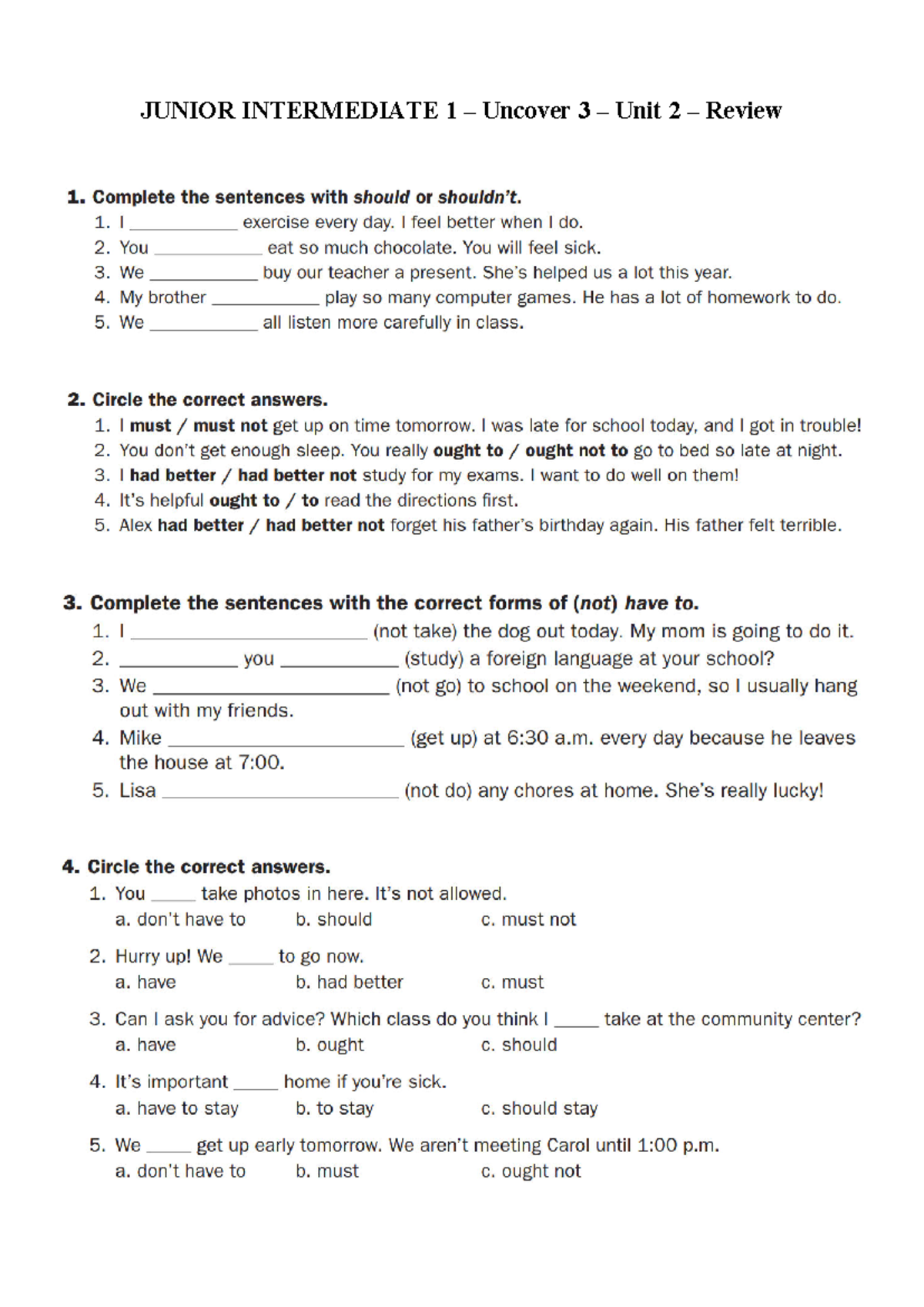 JI 1 - HW - Book - JUNIOR INTERMEDIATE 1 Uncover 3 Unit 2 Review 1 ...