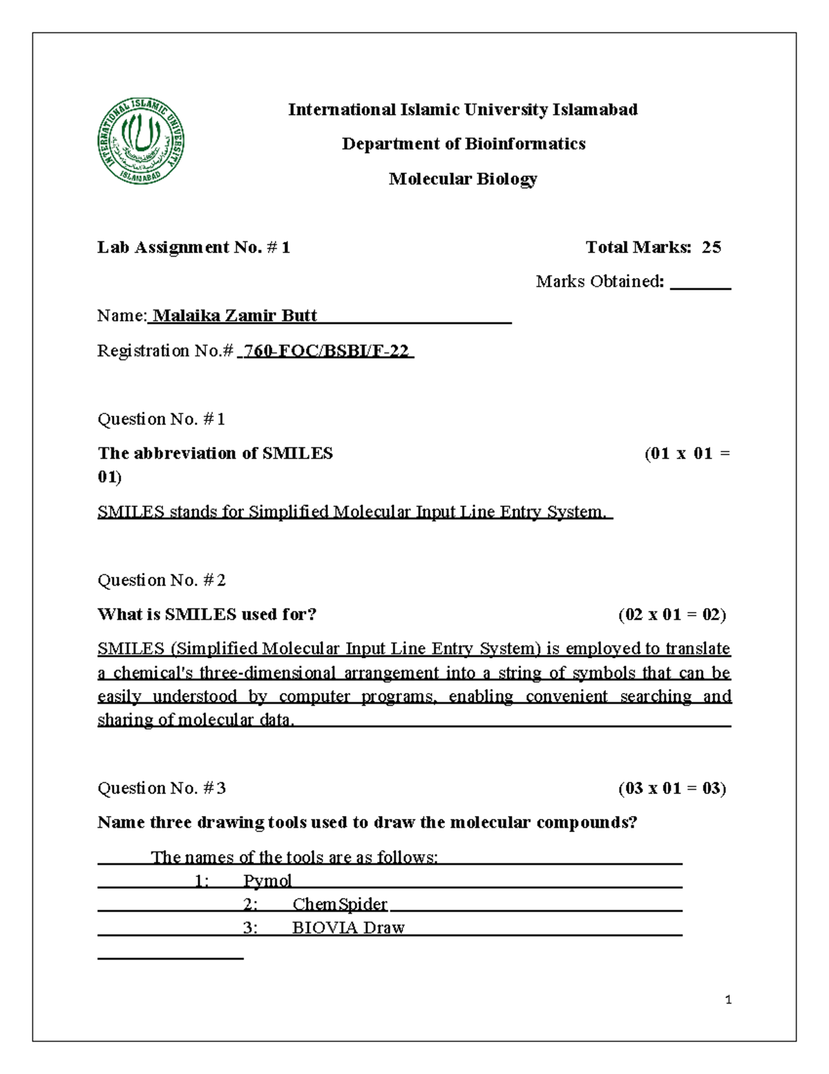 Molecular Biology Lab Assignment - International Islamic University ...