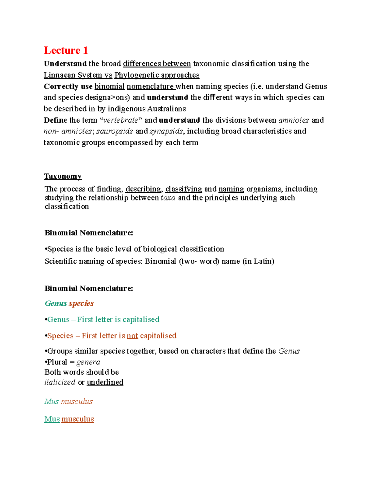 BIOL2032 Notes - Lecture 1 Understand the broad differences between ...