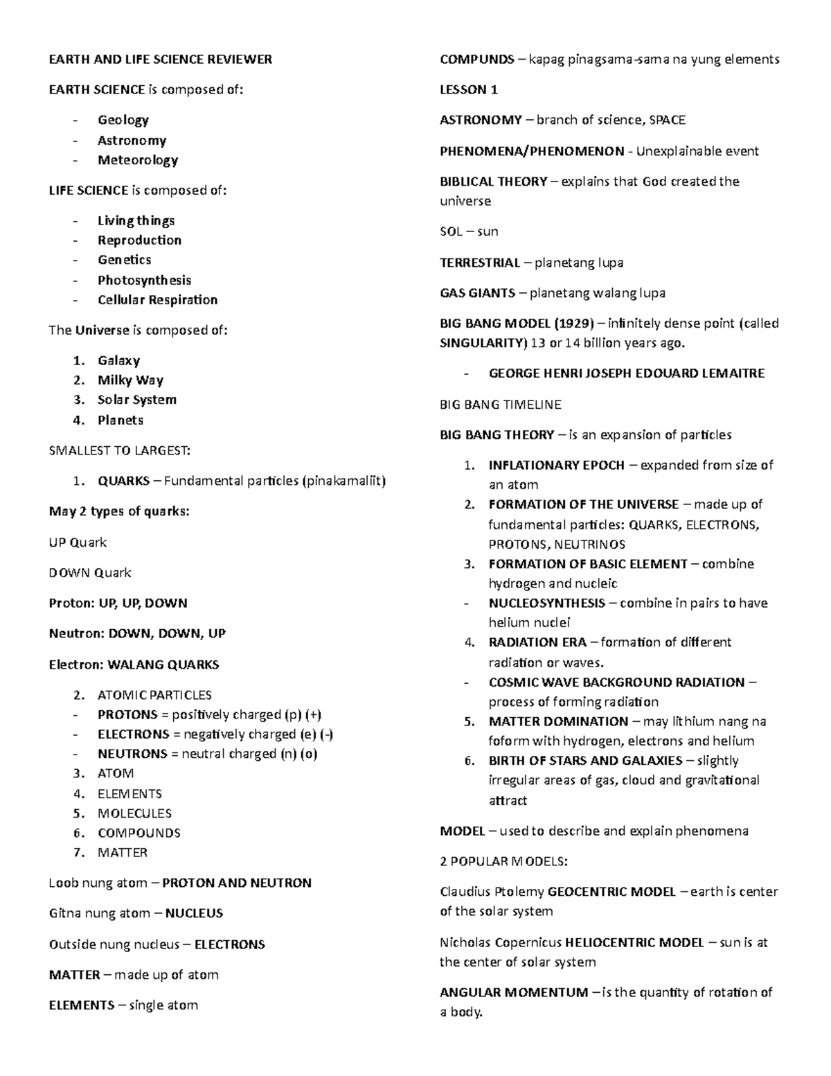 Earth AND LIFE Science Reviewer - EARTH AND LIFE SCIENCE REVIEWER EARTH ...