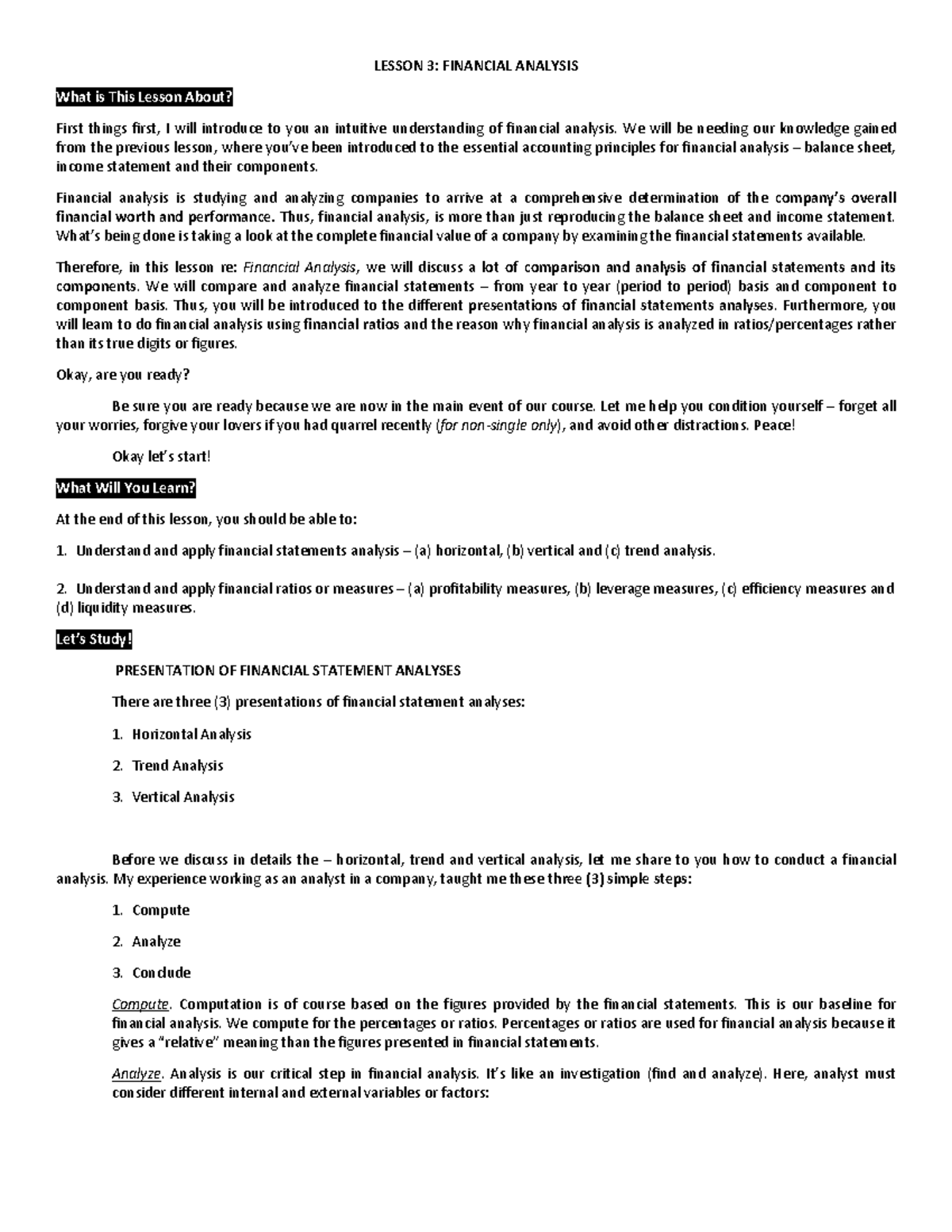 Lesson 3 - Financial Management - LESSON 3: FINANCIAL ANALYSIS What is ...